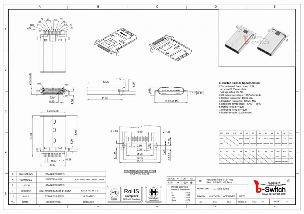 G-Switch GT-USB-8016B technical drawing