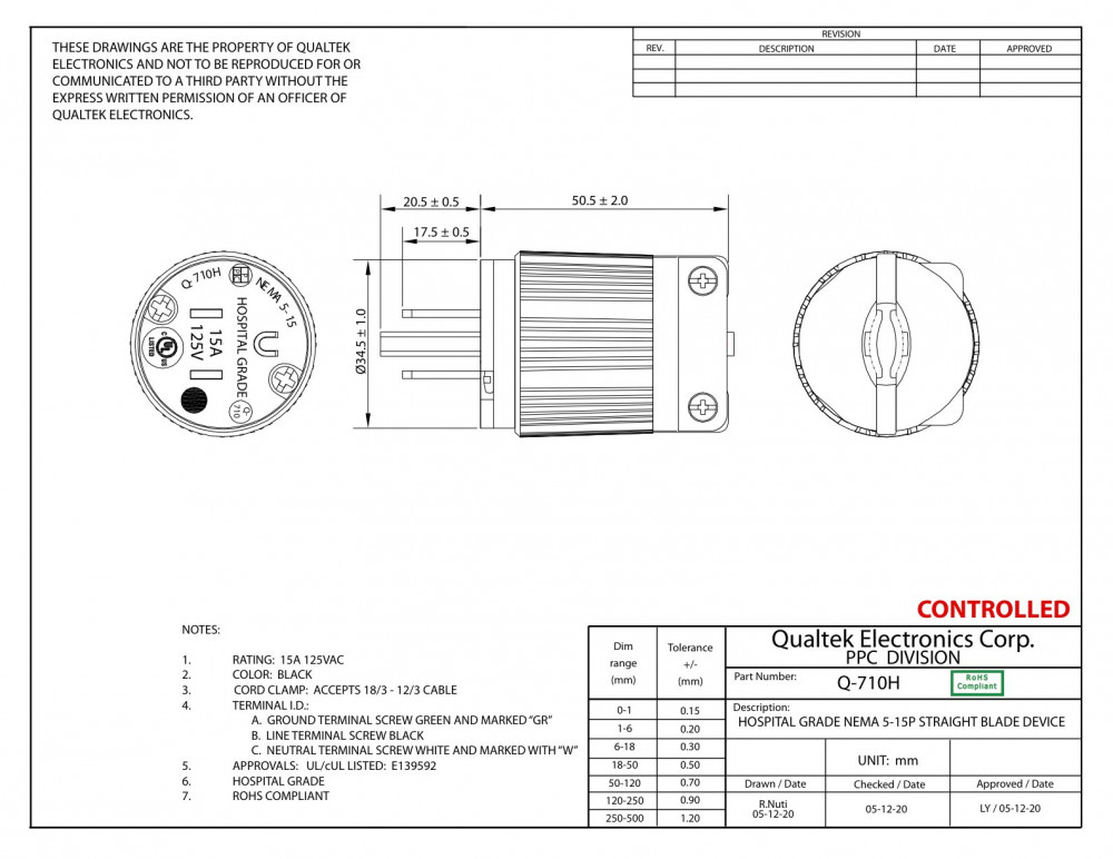 Q-710H hospital-grade NEMA 5-15P straight-blade device technical drawing