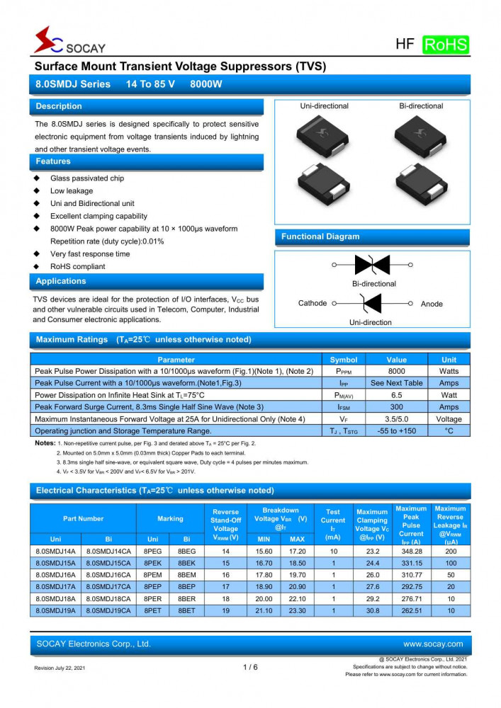 SOCAY 8.0SMDJ series datasheet page 1