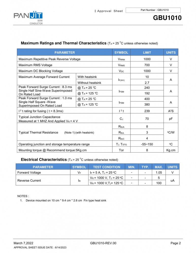 PANJIT GBU1010 datasheet page 2