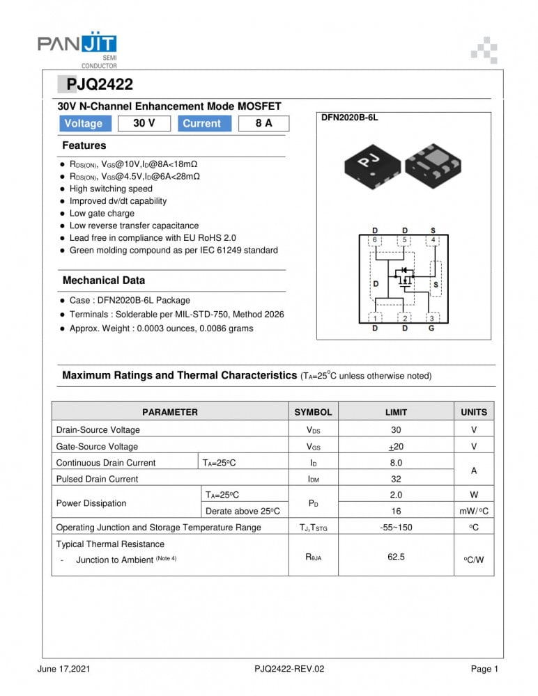 PJQ2422 datasheet page 1