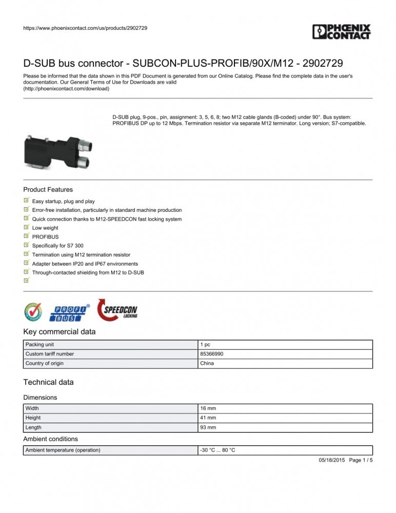 Phoenix Contact 2902729 product document page 1