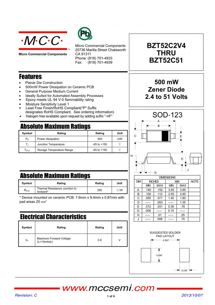 MCC BZT52C5V6-TP datasheet page 1