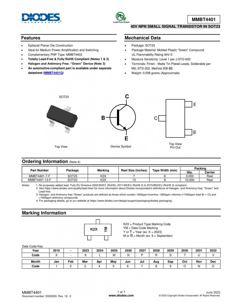 MMBT4401-7-F datasheet page 1
