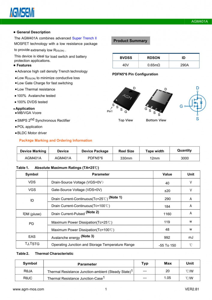 AGM401A datasheet page 1