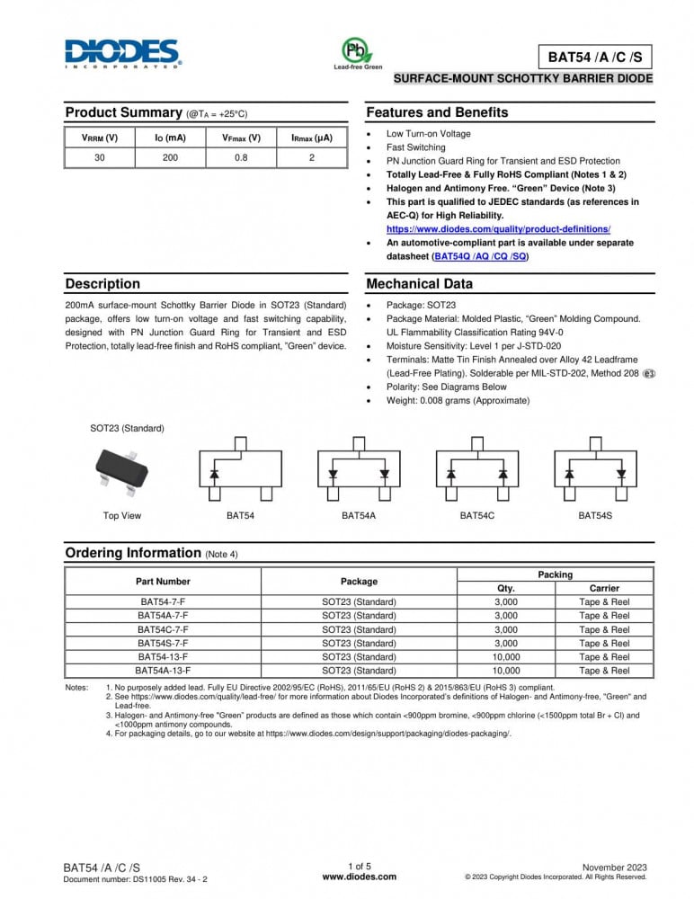 BAT54S-7-F datasheet page 1