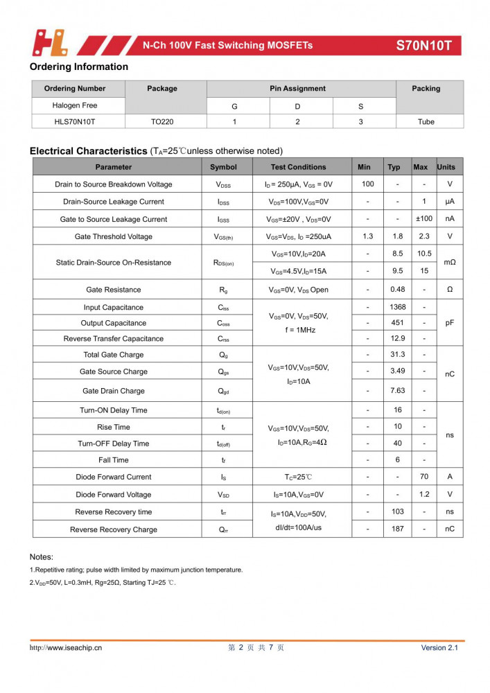 S70N10T datasheet page 2
