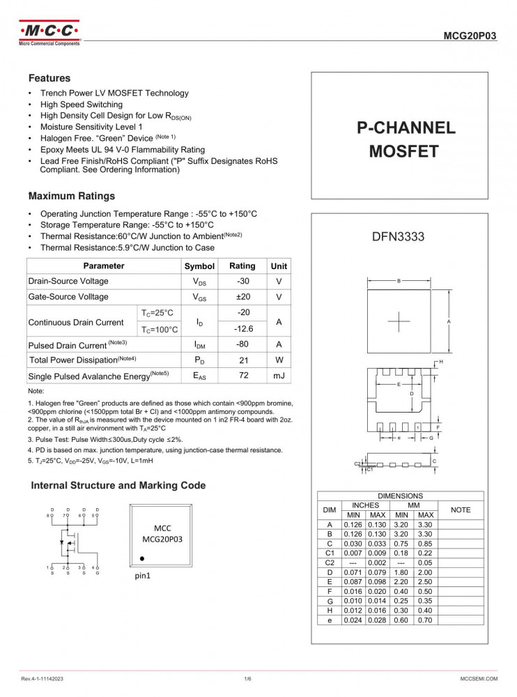 MCG20P03-TP datasheet page 1