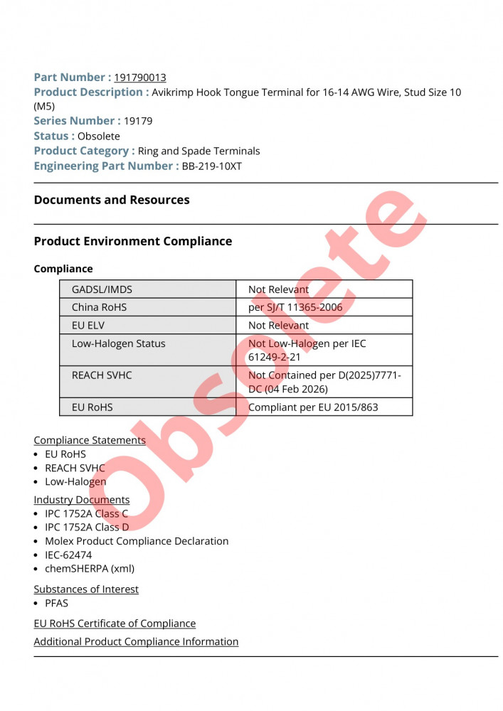 Technical document image 1 for MOLEX 191790013
