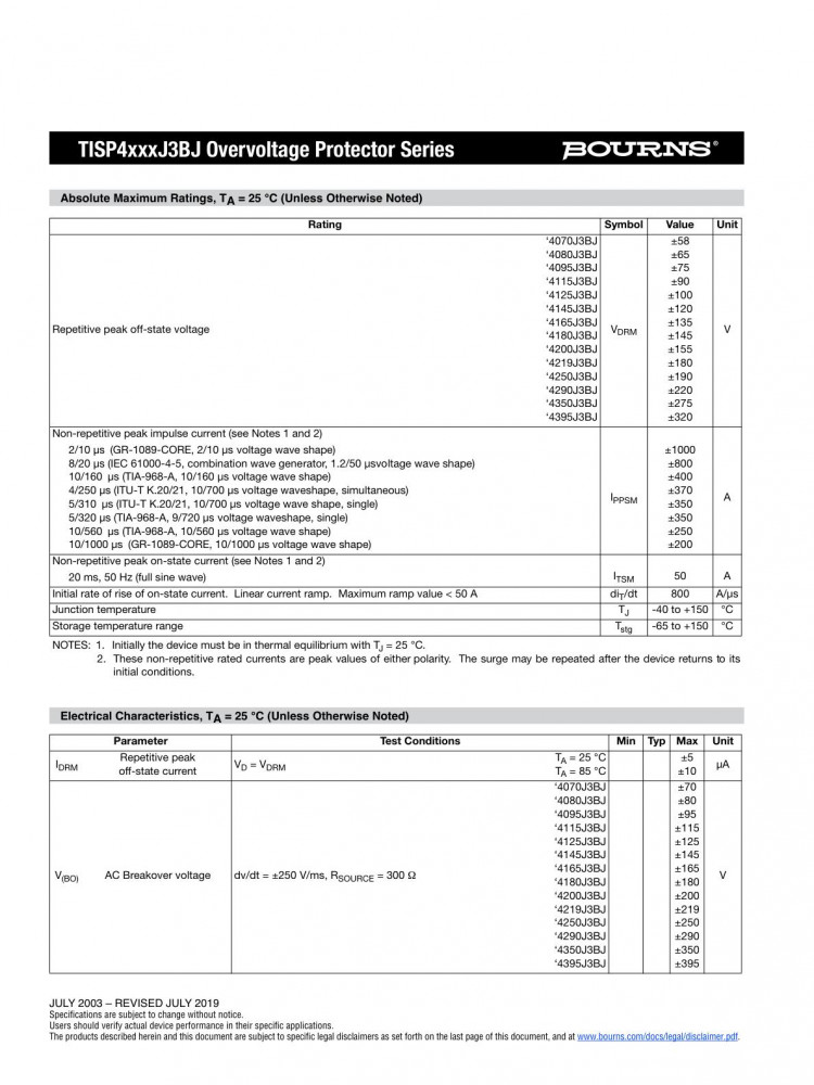 TISP4165J3BJR-S datasheet page 2
