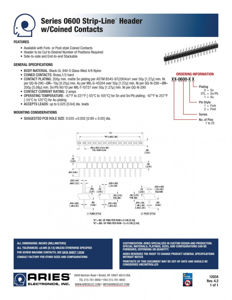 Aries Electronics 22-0600-20 Series 0600 technical drawing