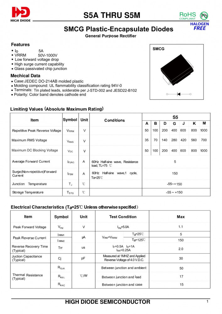 High Diode S5M datasheet page 1