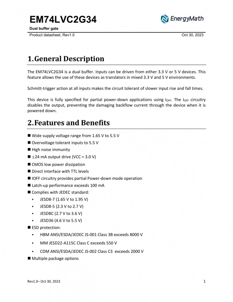 EM74LVC2G34GW datasheet page 1