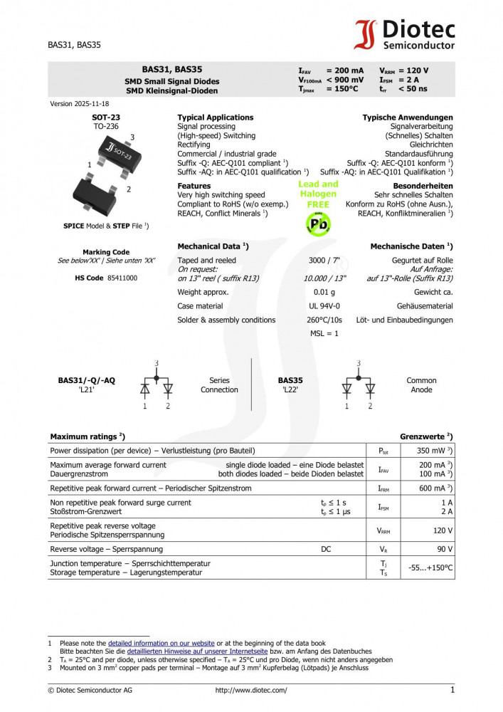 BAS31 and BAS35 datasheet page 1