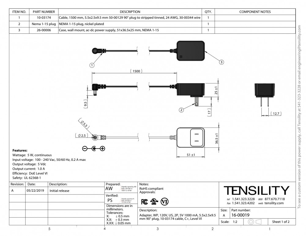 Tensility 16-00019 adapter specification, page 1