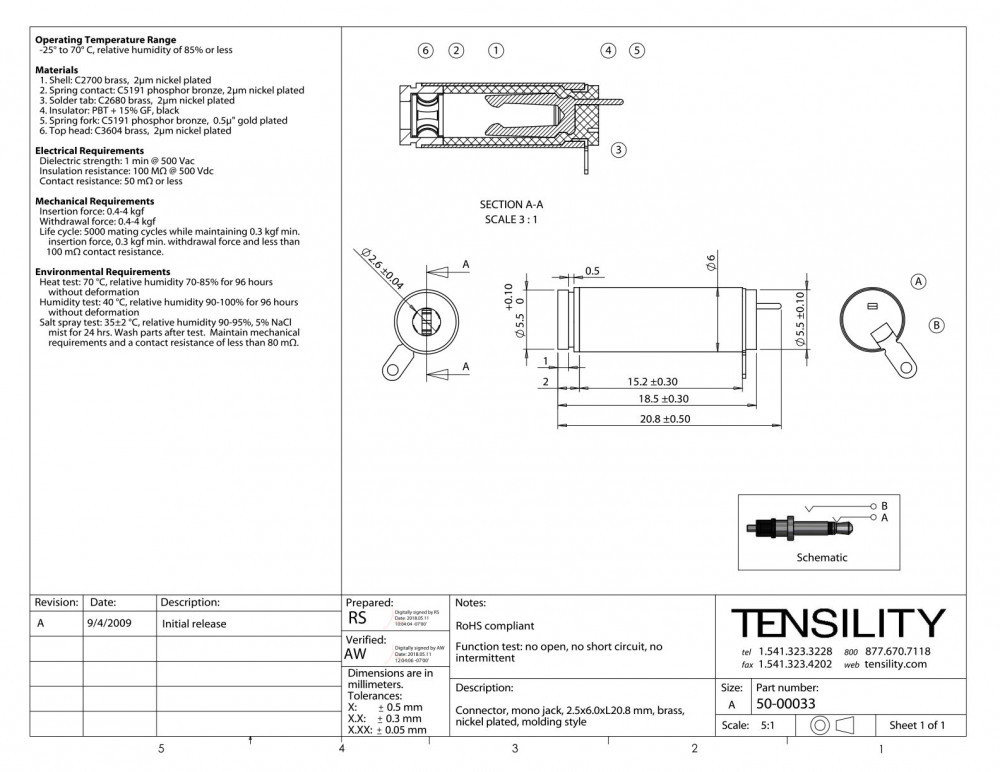 Tensility International 50-00033 mono jack product drawing