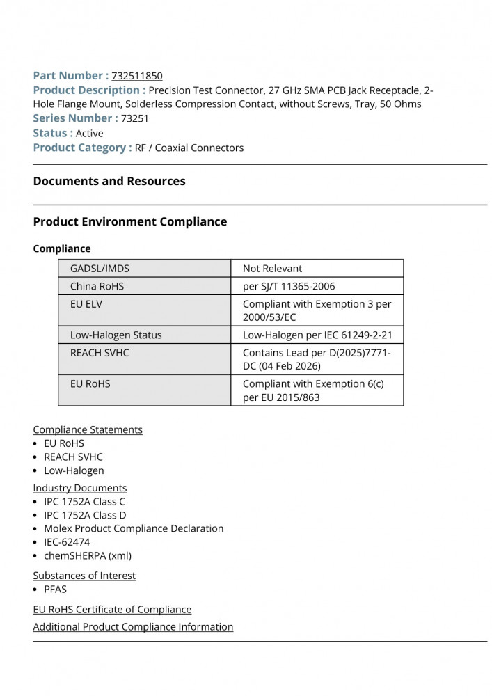 MOLEX 732511850 product document image, page 1