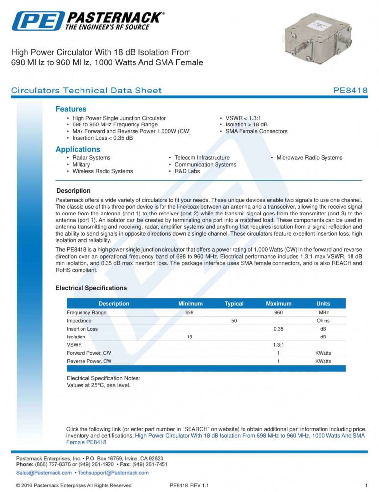 PE8418 technical data sheet page 1