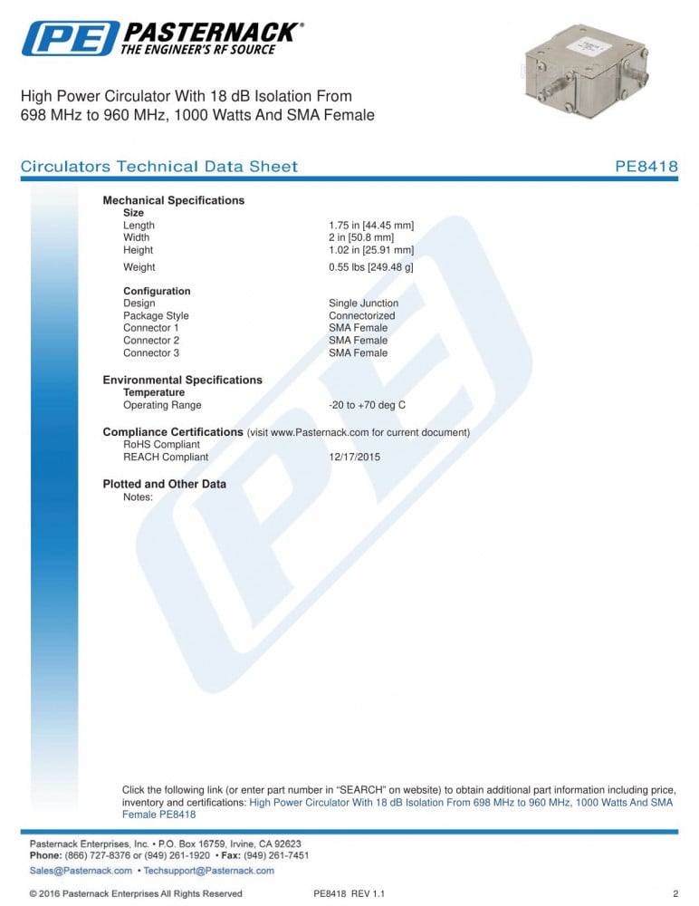 PE8418 technical data sheet page 2
