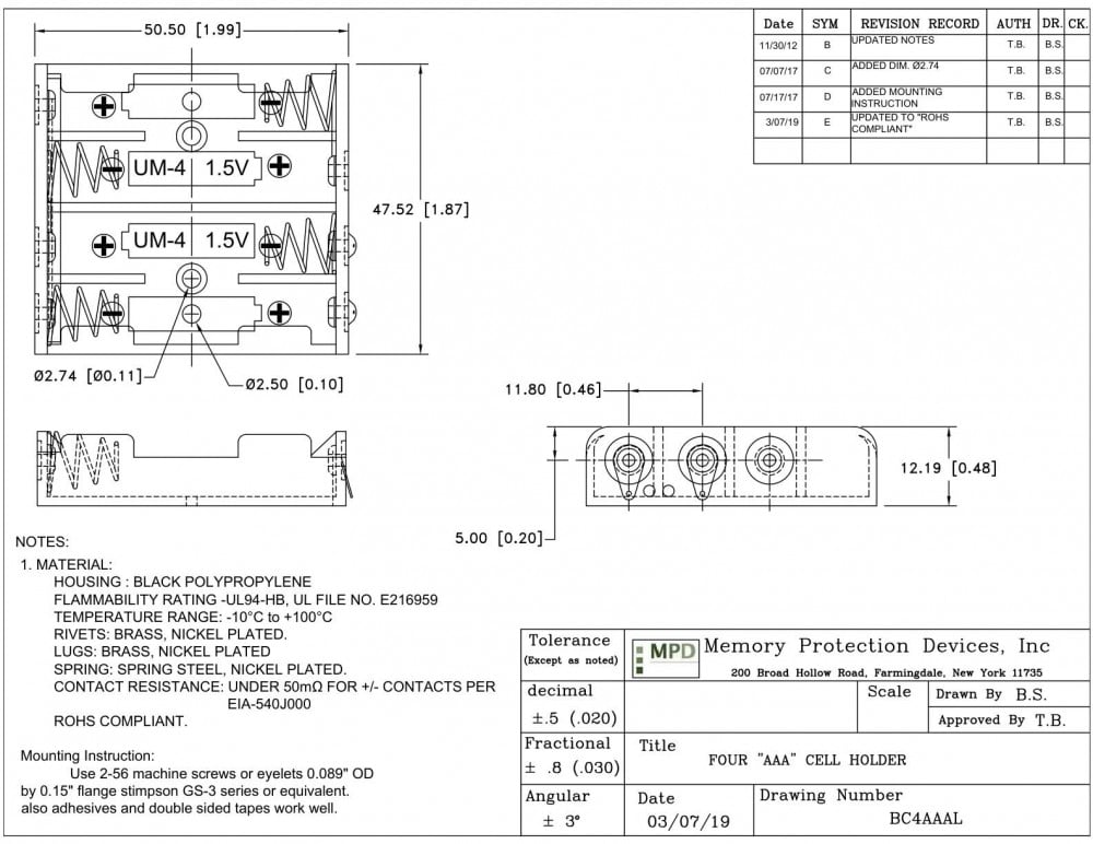 MPD BC4AAAL four AAA cell holder technical drawing