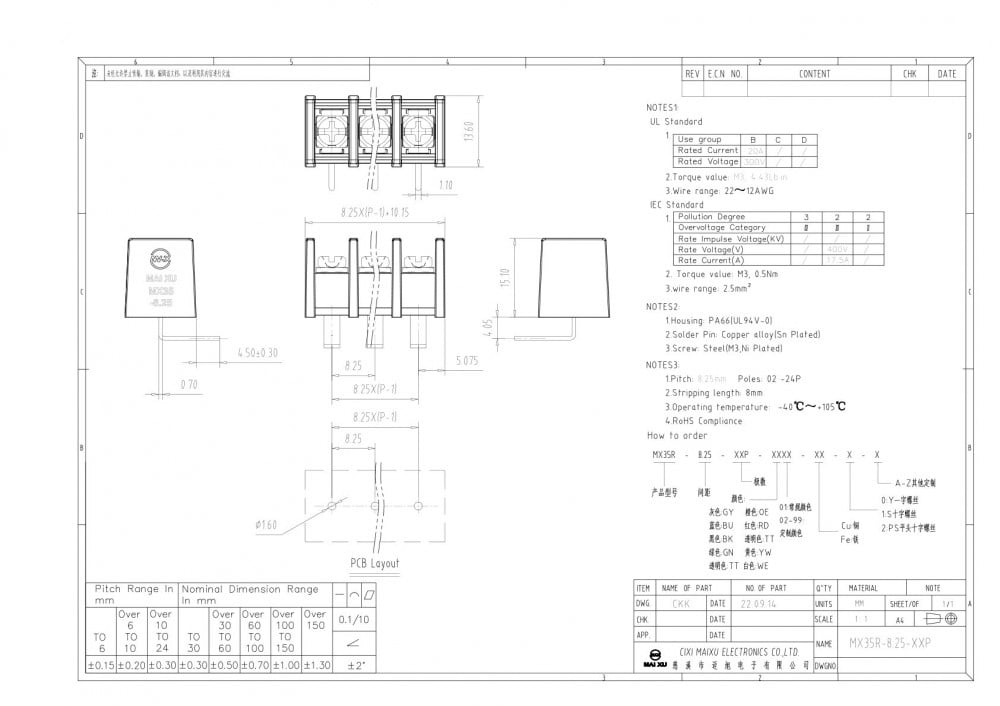 MX35R-8.25 terminal block technical drawing