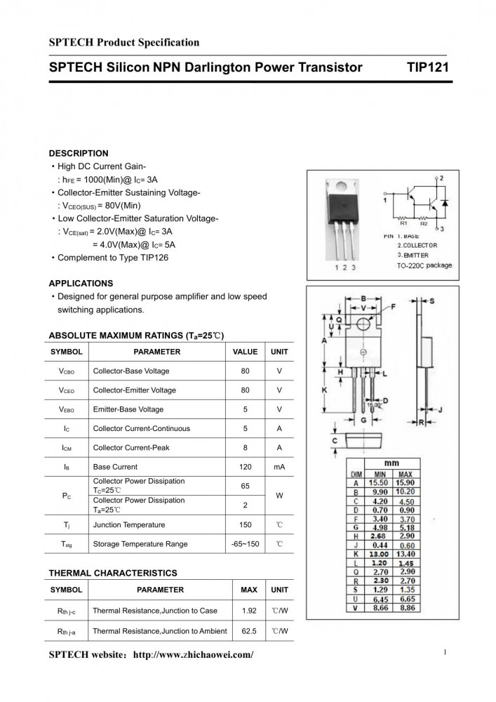 SPTECH TIP121 datasheet page 1