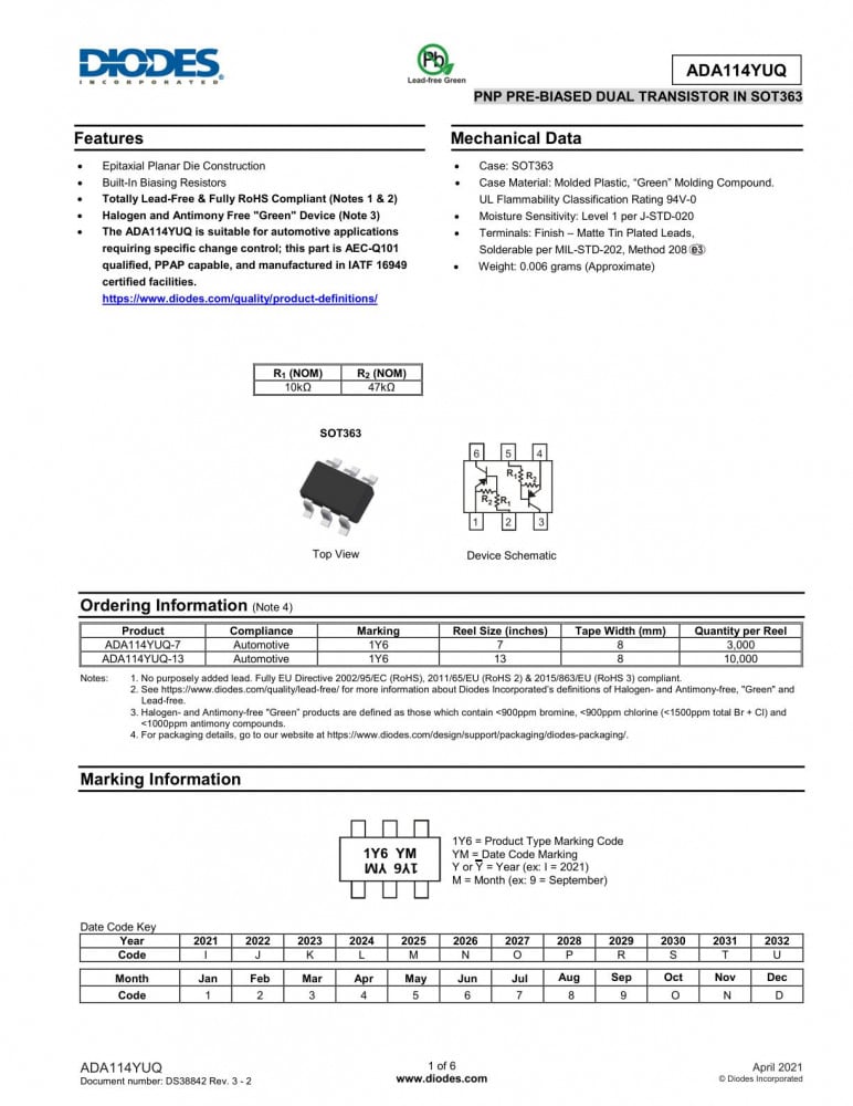 ADA114YUQ-13 datasheet page 1