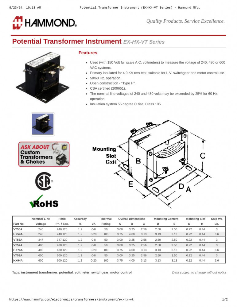 Hammond EX-HX-VT Series documentation page 1