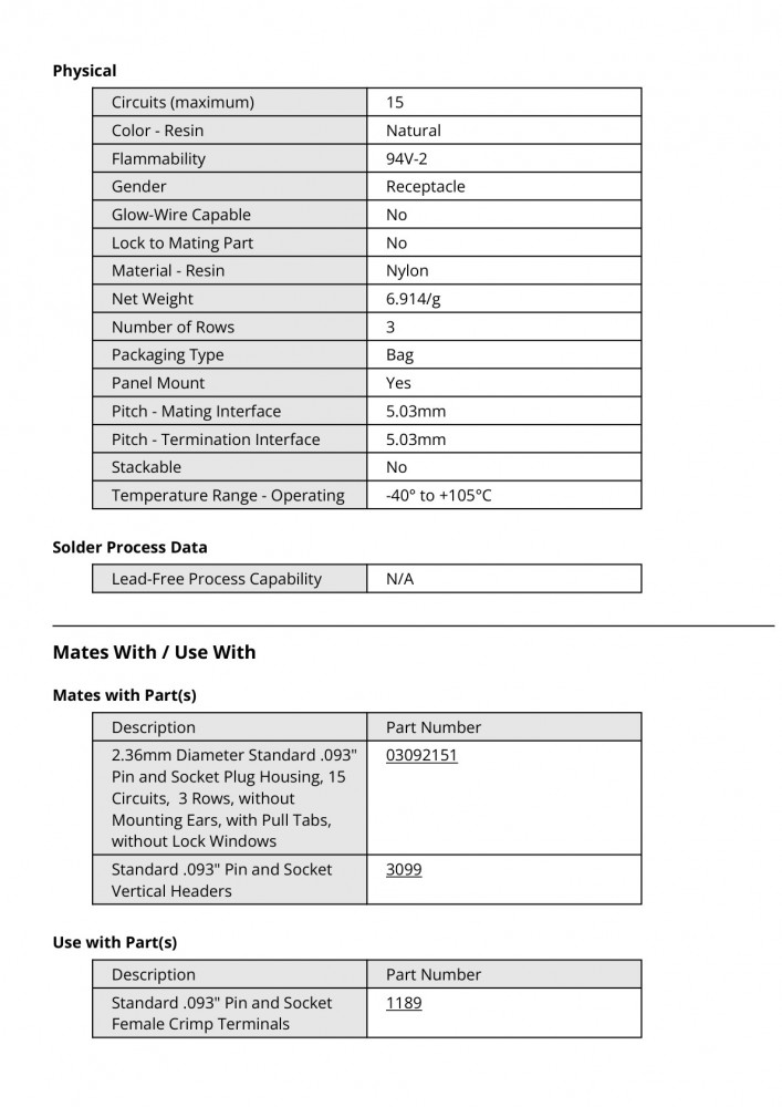 Molex .093 Standard Pin and Socket specification, page image 3