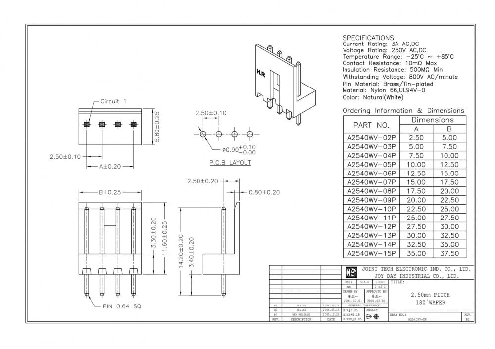 Joint Tech Elec A2540WV-06P technical drawing