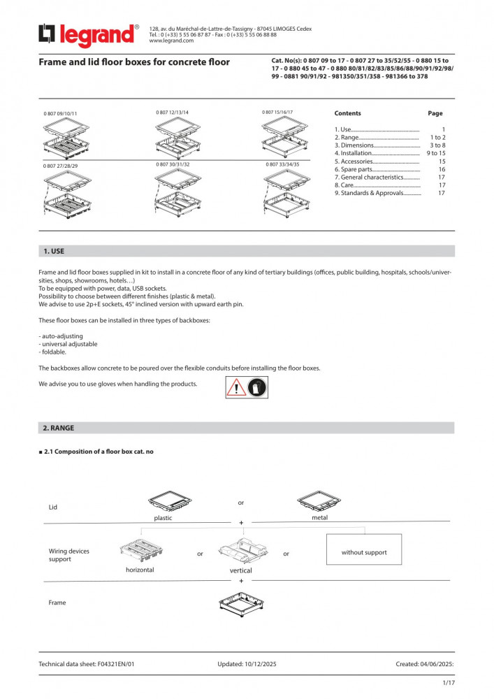 Legrand floor-box technical document, page 1