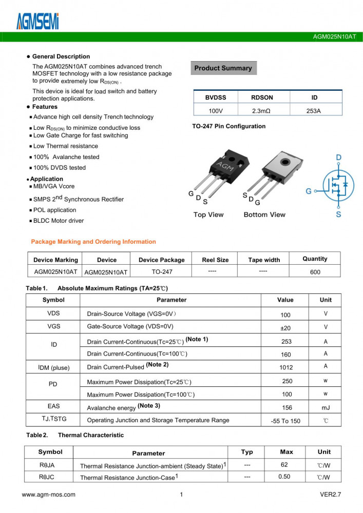 AGM025N10AT datasheet page 1