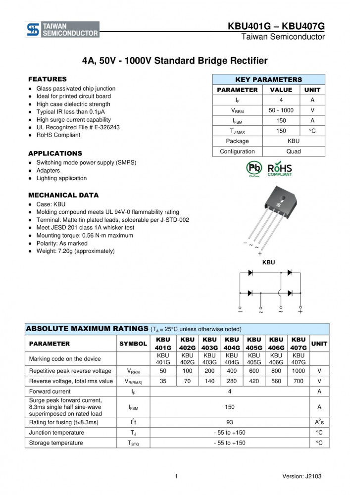 KBU401G datasheet page 1