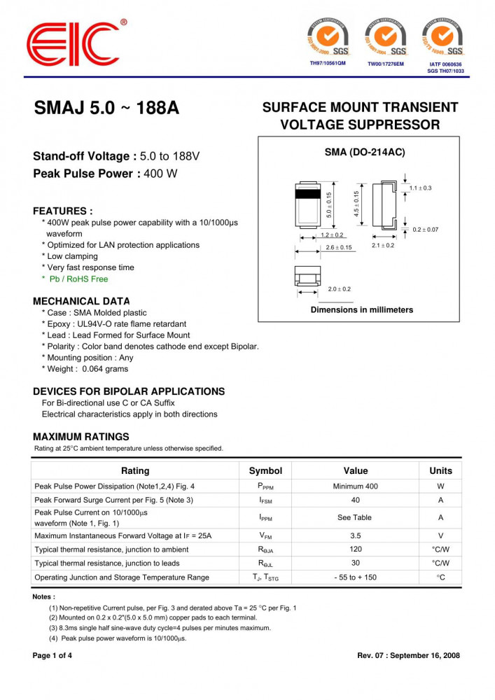 EIC SMAJ TVS datasheet page 1