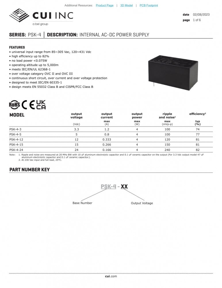 CUI PSK-4 datasheet page 1