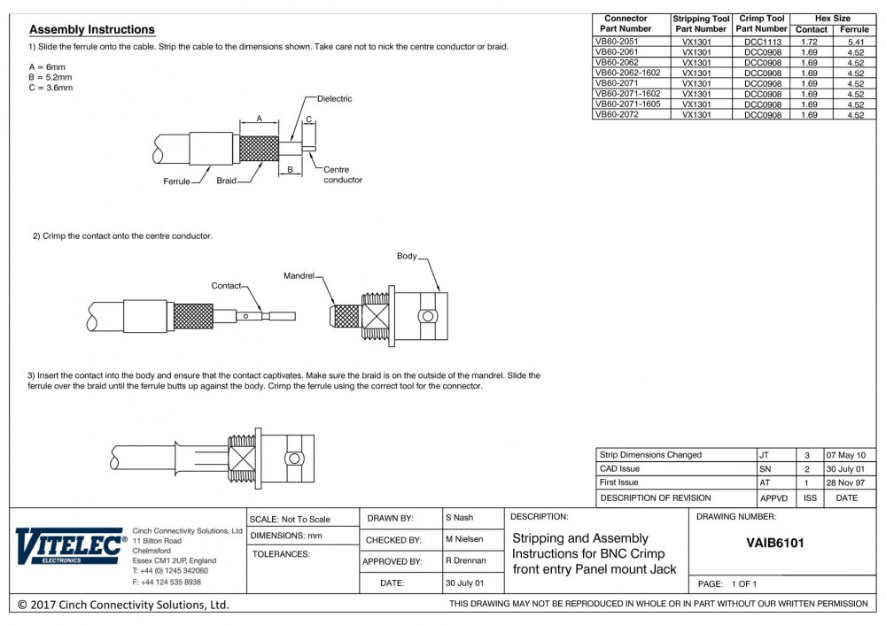 CINCH VB60-2071 assembly and stripping instruction drawing