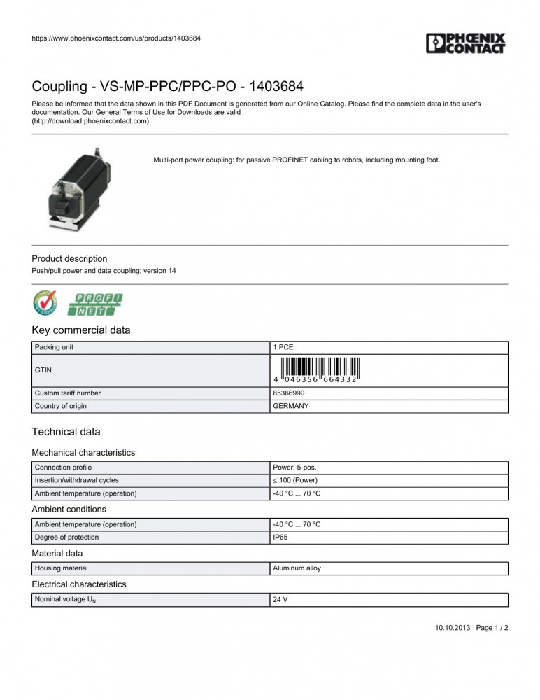 Phoenix Contact 1403684 product documentation page 1
