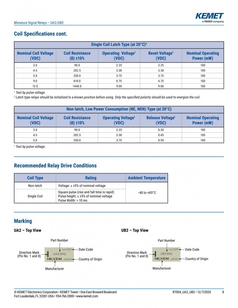KEMET UB2 relay datasheet page 8