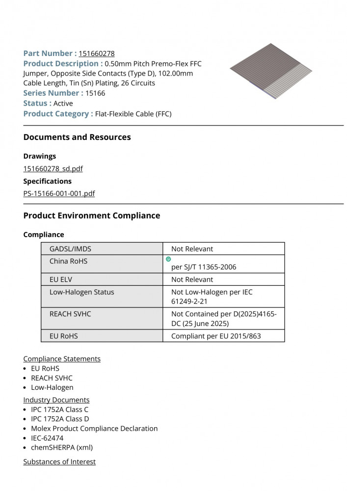 MOLEX 151660278 product document preview, page 1