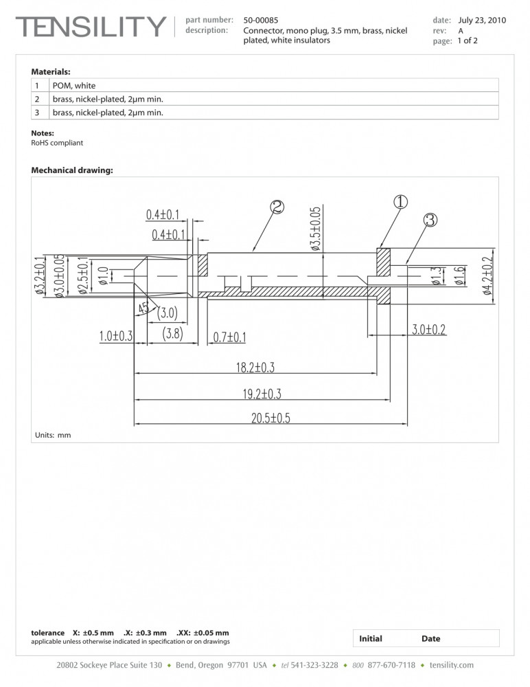Tensility International 50-00085 product specification page 1