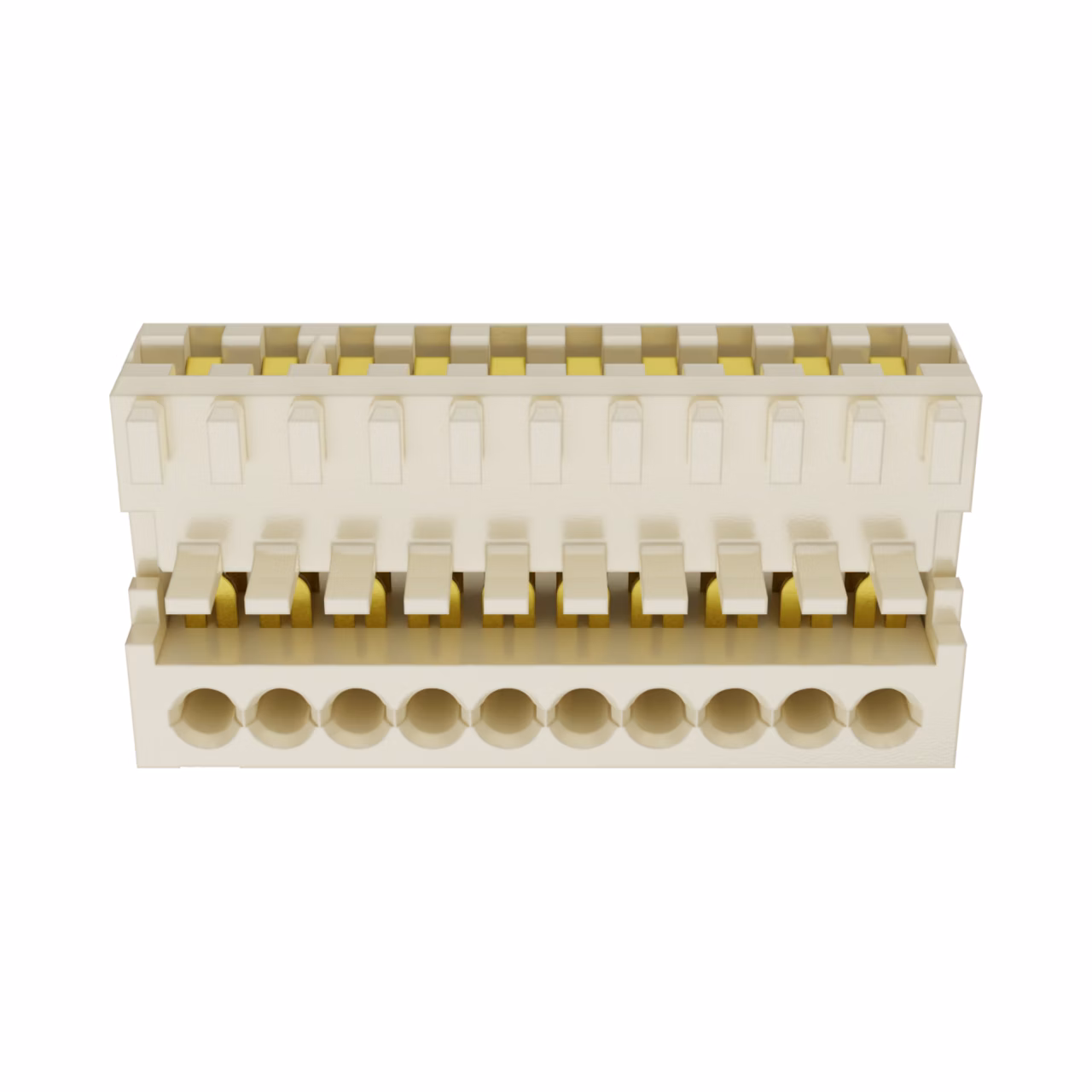 Appli-Mate RAST 2.5 Connector, 2.50mm Pitch, Female, 10 Circuits, Polarizing Rib Between 2/3, Locking Pips, Slotted Endwalls, Brown Color Stripe, Gold Plating for sale