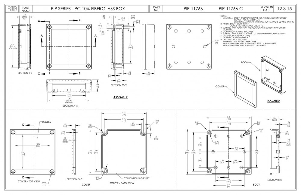 Bud Industries PIP-11766-C product drawing and enclosure views