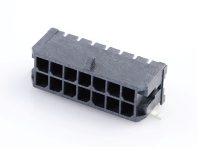 Micro-Fit 3.0 Right-Angle Header, 3.00mm Pitch, Dual Row, 14 Circuits, with Solder Tab, 0.76µm Gold Plating, Glow-Wire Capable, Black, Tape and Reel for sale