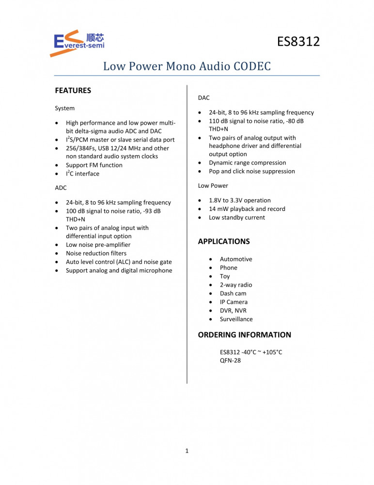 ES8312 datasheet page 1