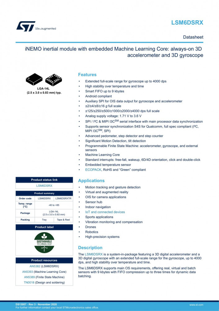 LSM6DSRX technical document page 1