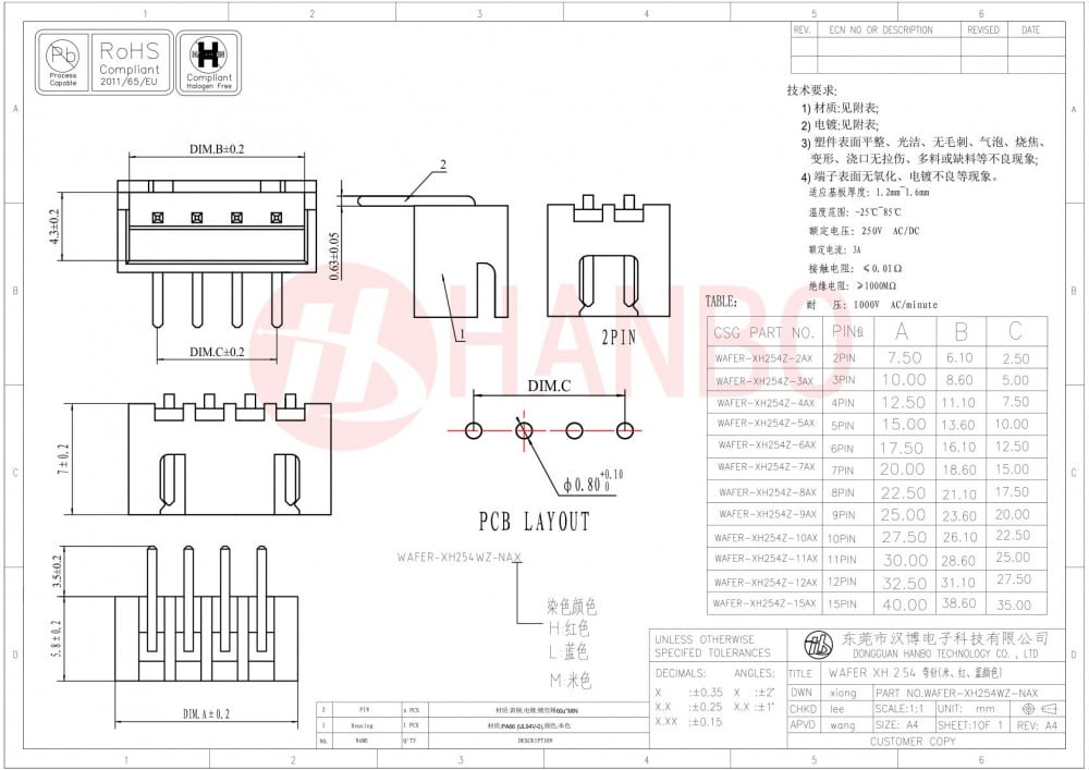 Hanbo Electronic WAFER XH 2.54 right-angle connector technical drawing