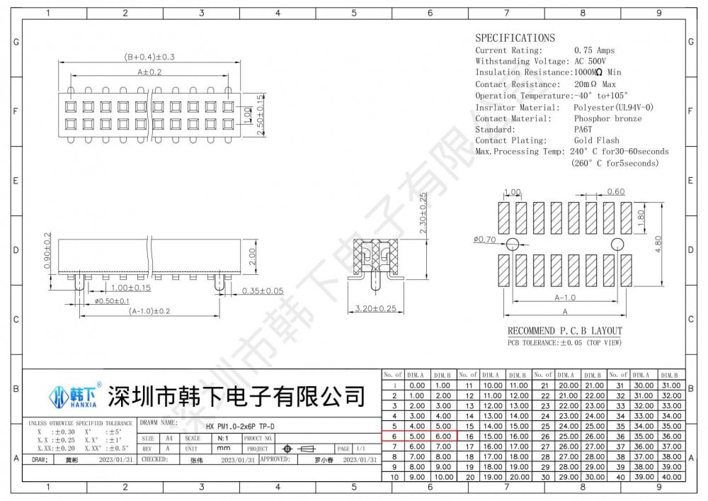HX PM1.0-2x6P TP-D technical drawing