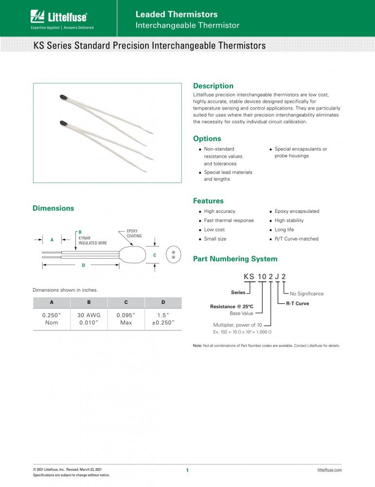 Littelfuse KS Series thermistor documentation page 1