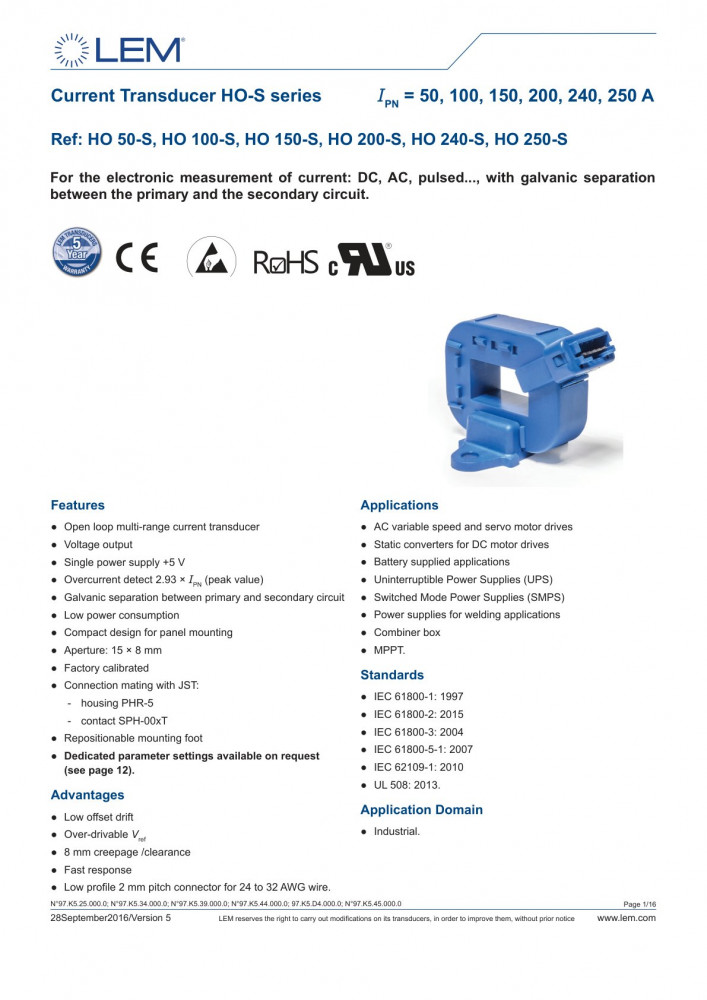 LEM HO-S datasheet page 1