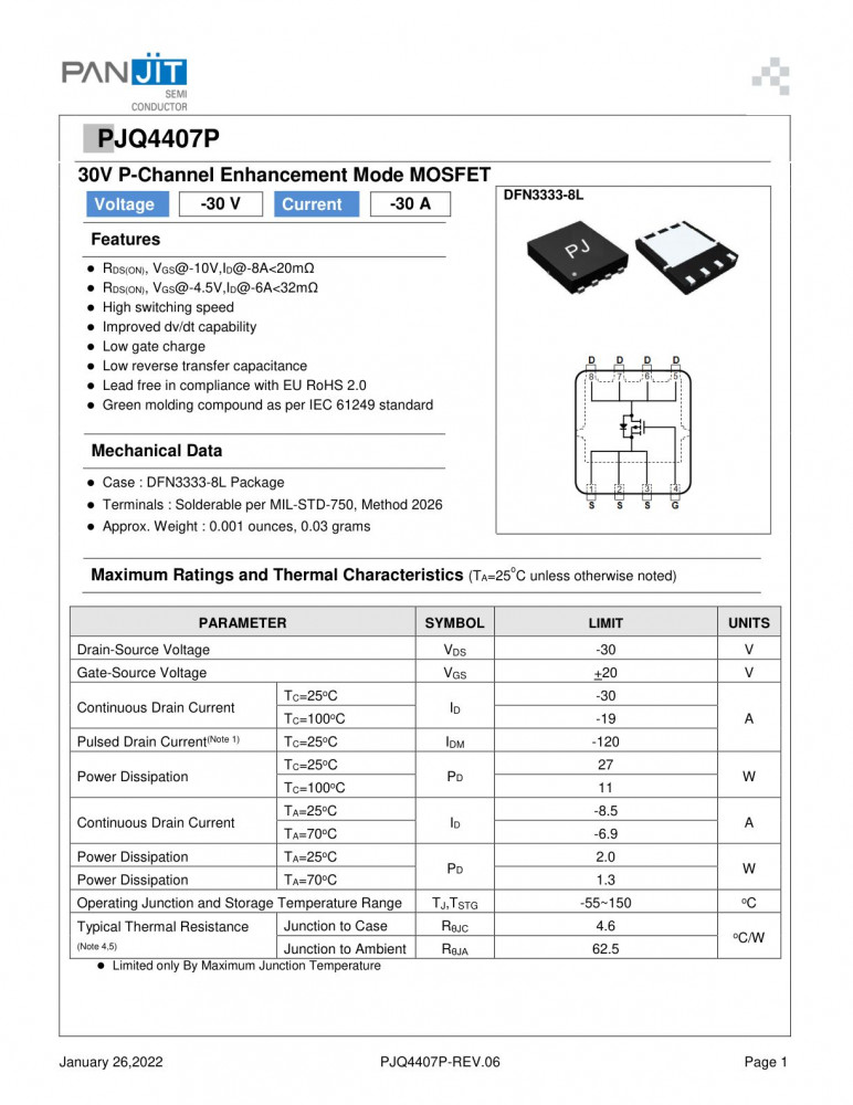 PJQ4407P datasheet page 1